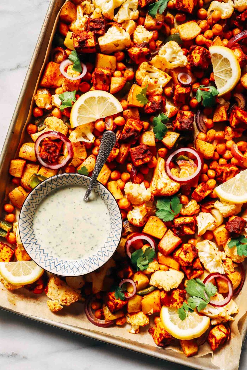 Sheet Pan Chickpea Tikka with Lemon-Ginger Yogurt Sauce - Making Thyme ...